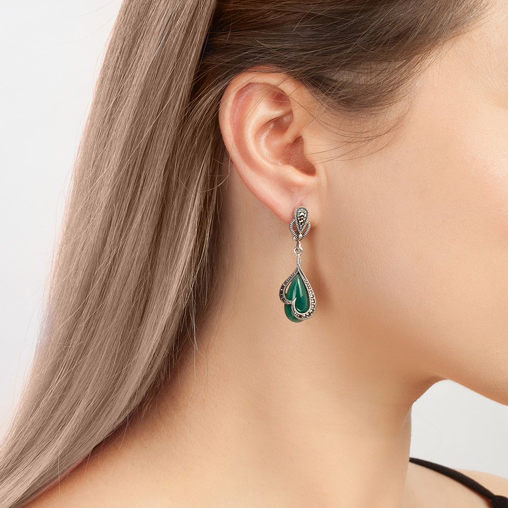 Серебряные серьги с хризопразами и марказитами swarovski SUNLIGHT ...